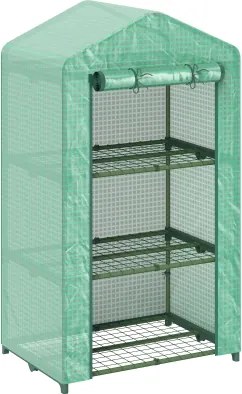 Outsunny zahradní skleník se 3 úrovněmi, rolovací dveře, kovový rám, PE kryt odolný proti UV záření, 69 x 49 x 125 cm, zelený