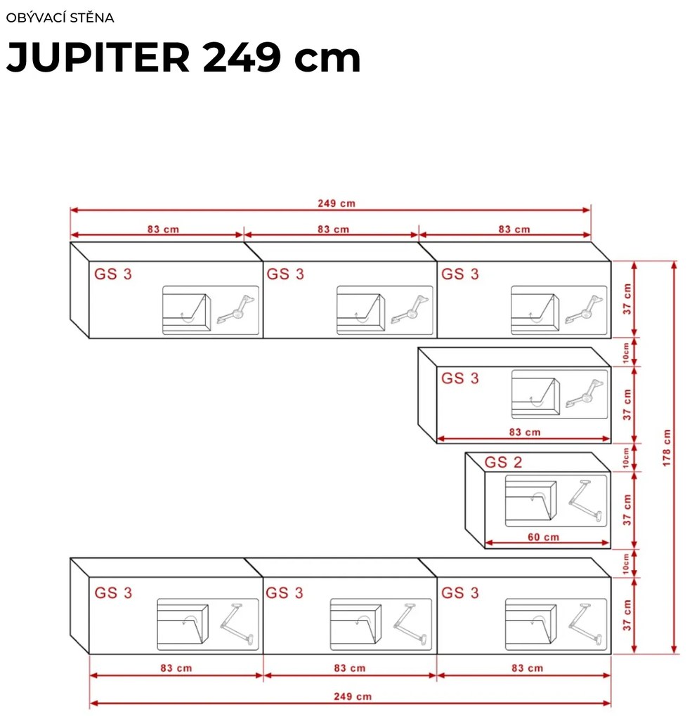 Ral Obývací stěna JUPITER 3, 249 cm - Černo/bílý lesk