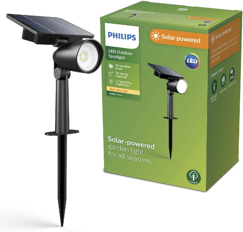 Philips ashlyn venkovní solární zemní led reflektor 1,4 w, 150 lm, 2700 k, ip44, černý