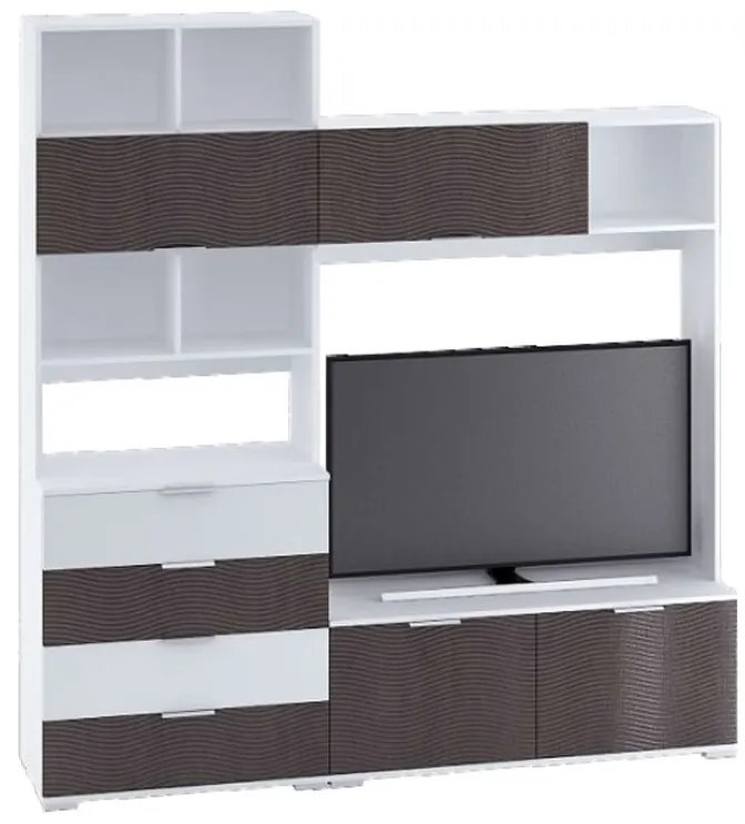 TV stěna v nadčasovém bílém lesku v kombinaci s dekorem wenge KN1179