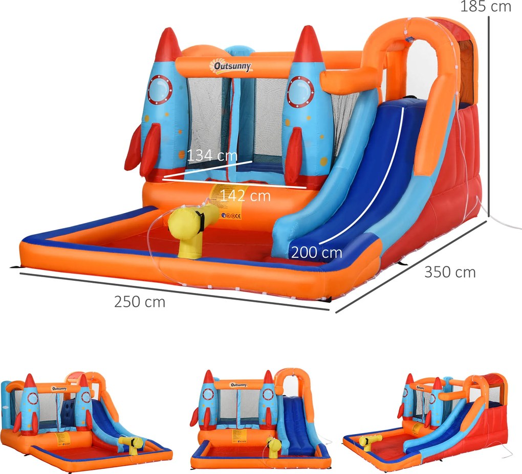 Outsunny nafukovací skákací hrad, hrací hrad se skluzavkou pro 4 děti, s foukačkou, hrací domeček pro 3-8 let, vzor raketa, polyester | Aosom