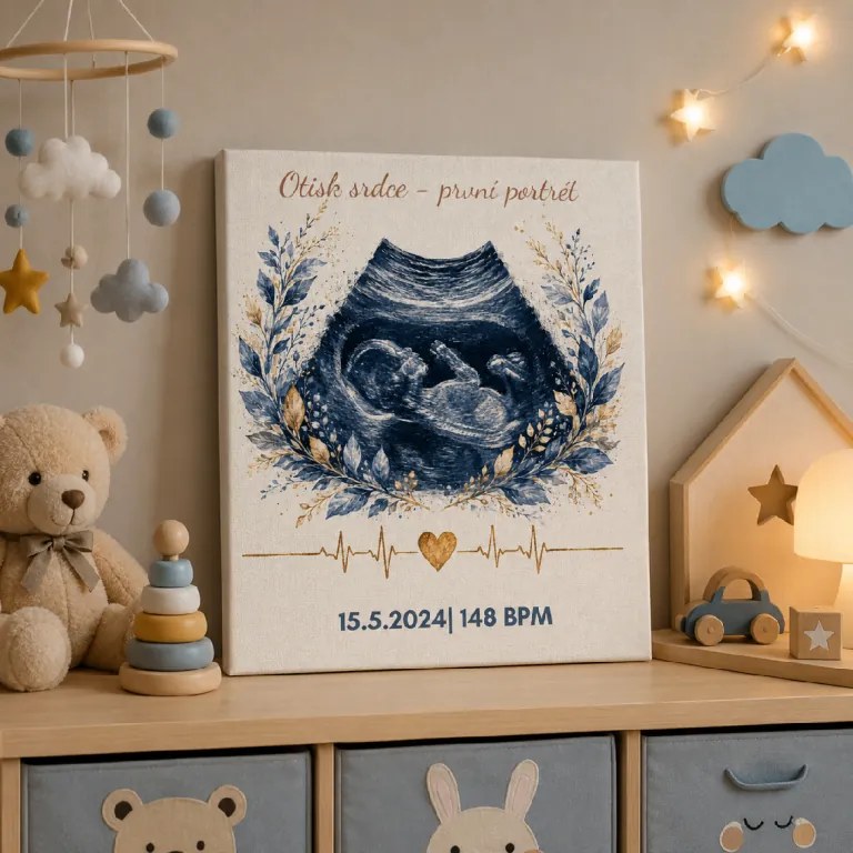 Foto obraz z ultrazvuku na plátno – Otisk srdce a EKG křivka – Originální památka Rozměry obrazu: 30 x 40 cm