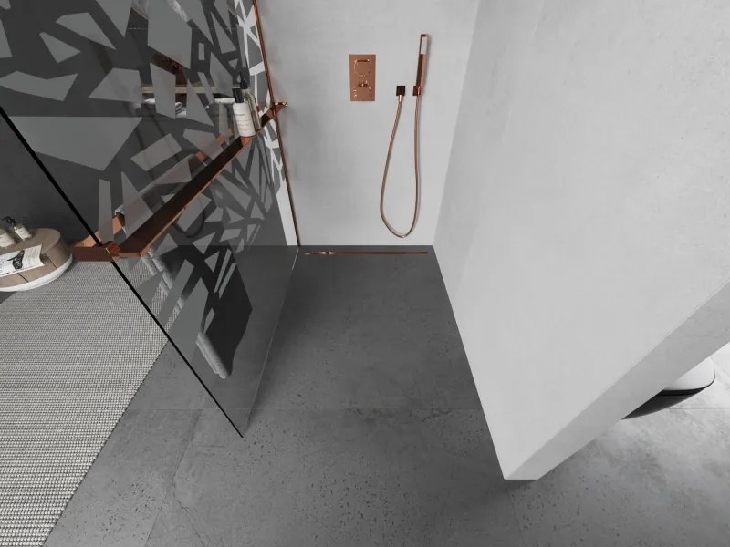 Mexen Kioto+, sprchová zástěna s poličkou a držákem na ručníky 110 x 200 cm, 8mm čiré sklo vzor bílý, profil růžové zlato, 800-110-121-60-85
