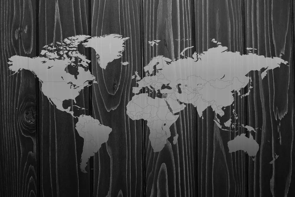 Obraz mapa na dřevě v černobílém provedení - 90x60 cm
