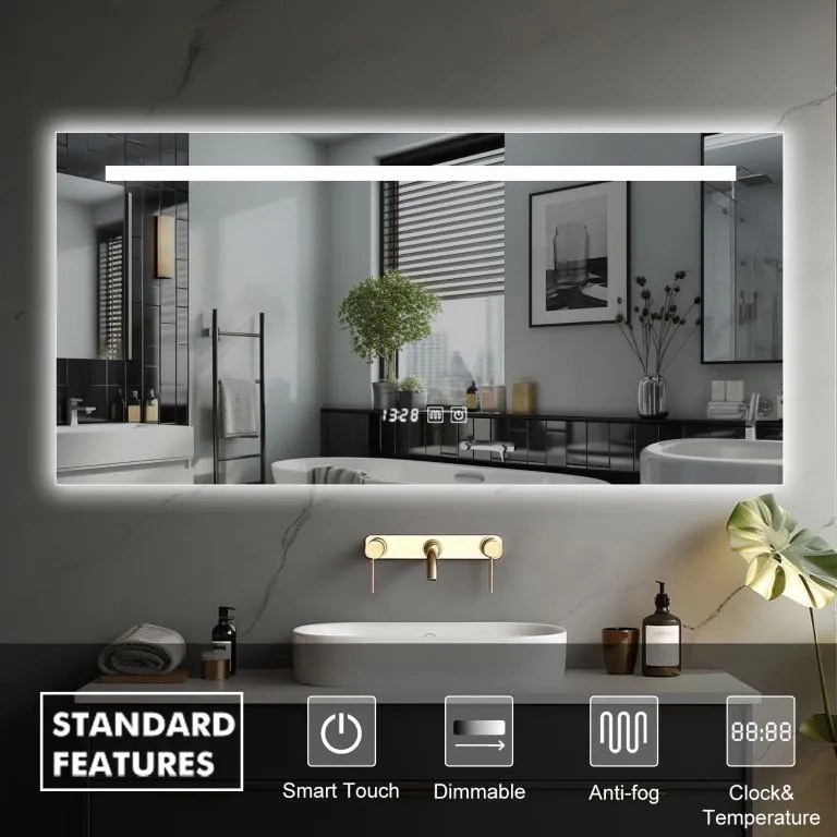 LED zrcadlo 90 × 70 cm s horním světlem a odmlžováním