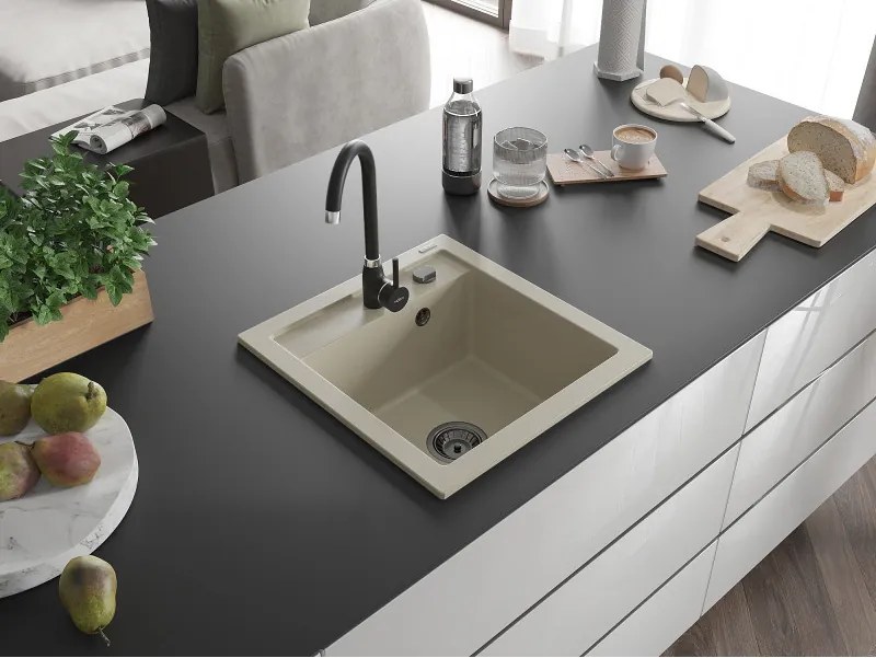 Mexen Vito, granitový dřez 520x490x210 mm, 1-komorový, béžová s černým sifonem, 6503521000-69-B