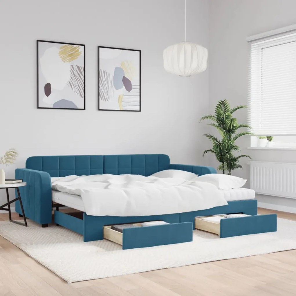 Válenda s přistýlkou a zásuvkami modrá 90 x 200 cm samet 3197000