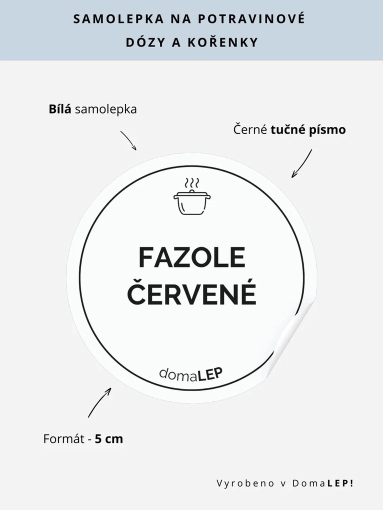 FAZOLE BÍLÉ – bílá samolepka na dózu, tučné písmo, 5 cm | DomaLEP