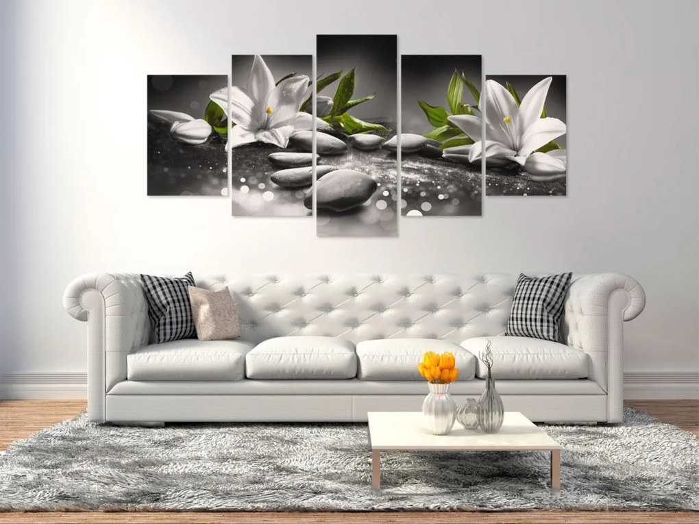 Obraz - Lilies and Stones (5 Parts) Wide Grey