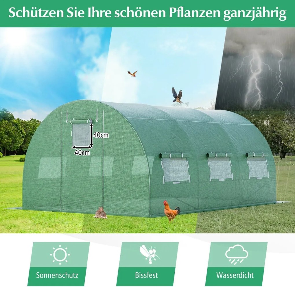 Costway Skleník |12 m² fóliovník s kovovým rámem skleník s 6 rolovacími okny