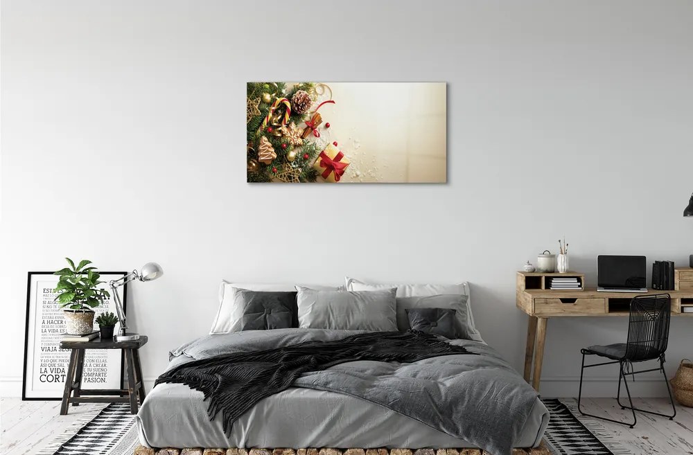 Obraz na skle Větvičky dárky perník kužely 125x50 cm