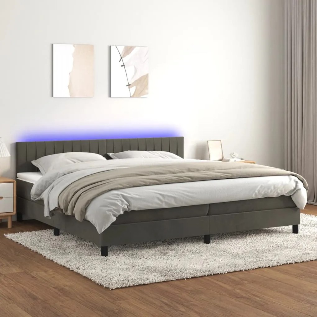 Box spring postel s matrací a LED tmavě šedá 200x200 cm samet
