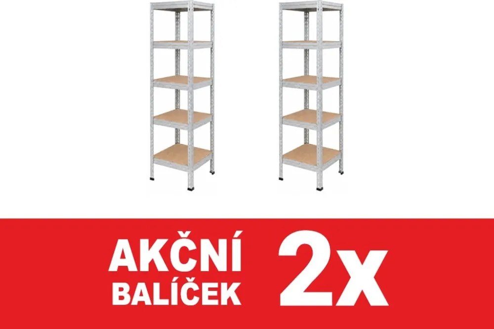 Akce 2x Regál 183x40x40 cm zinkovaný 5-policový, nosnost 1000 kg, RIVET