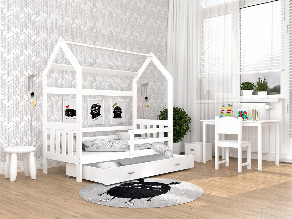 BabyBeds Dětská postel domeček se zábranou a úložným prostorem bílá Velikost postele: 160x80 cm, Barva šuplíku: Růžová