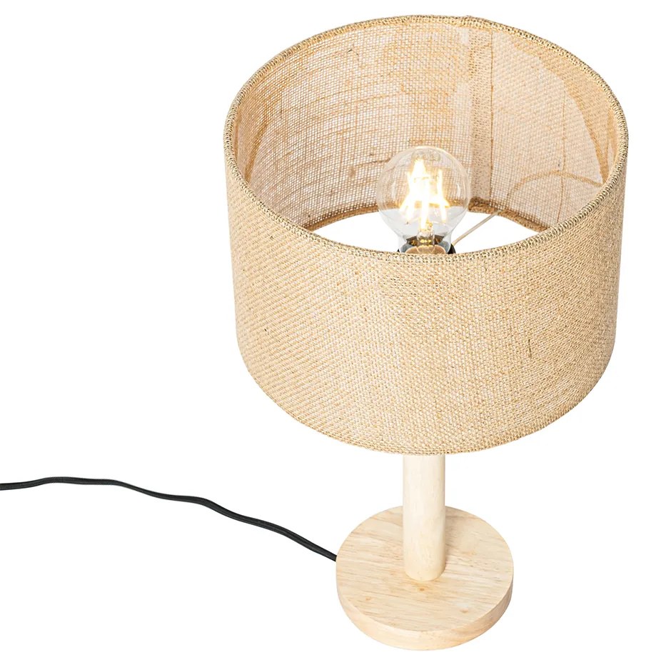 Rustikální stolní lampa dřevo s lněným stínítkem přírodní 25 cm - Mels