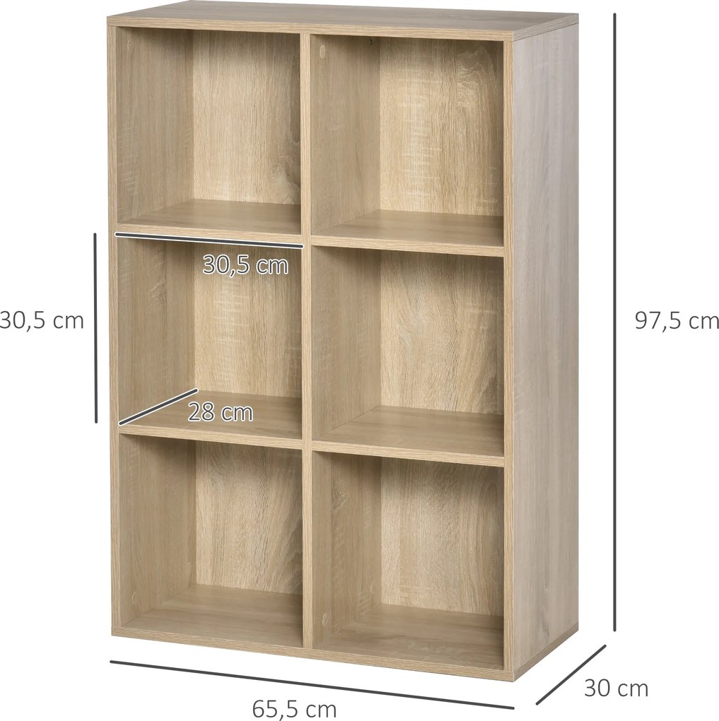 HOMCOM Knihařský regál se 3 policemi a 6 úložnými boxy do obývacího pokoje, ložnice, kanceláře 65,5x30x97,5 cm Dub