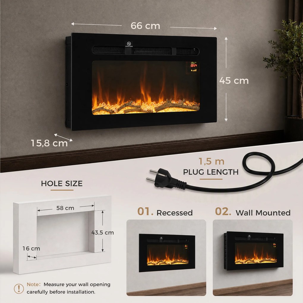 HOMCOM Elektrický krb 60 cm k zabudování nebo na stěnu, 1800W, 24hodinový časovač, nastavitelný plamen, krystaly