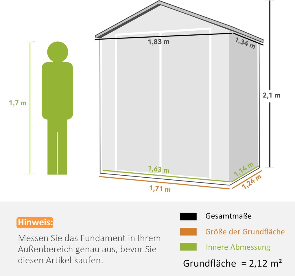 Outsunny Kůlna na Nástroje 2,12 m² 183x134x210 cm Sklad nářadí s Šikmou Střechou Zámkovými Dveřmi Okny Podlahou Odolný Proti Počasí Zahradní Dům Venk…