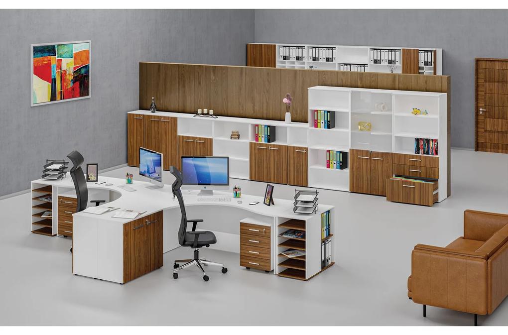 Ergonomický kancelářský pracovní stůl PRIMO WHITE, 1600 x 1200 mm, pravý, bílá/ořech