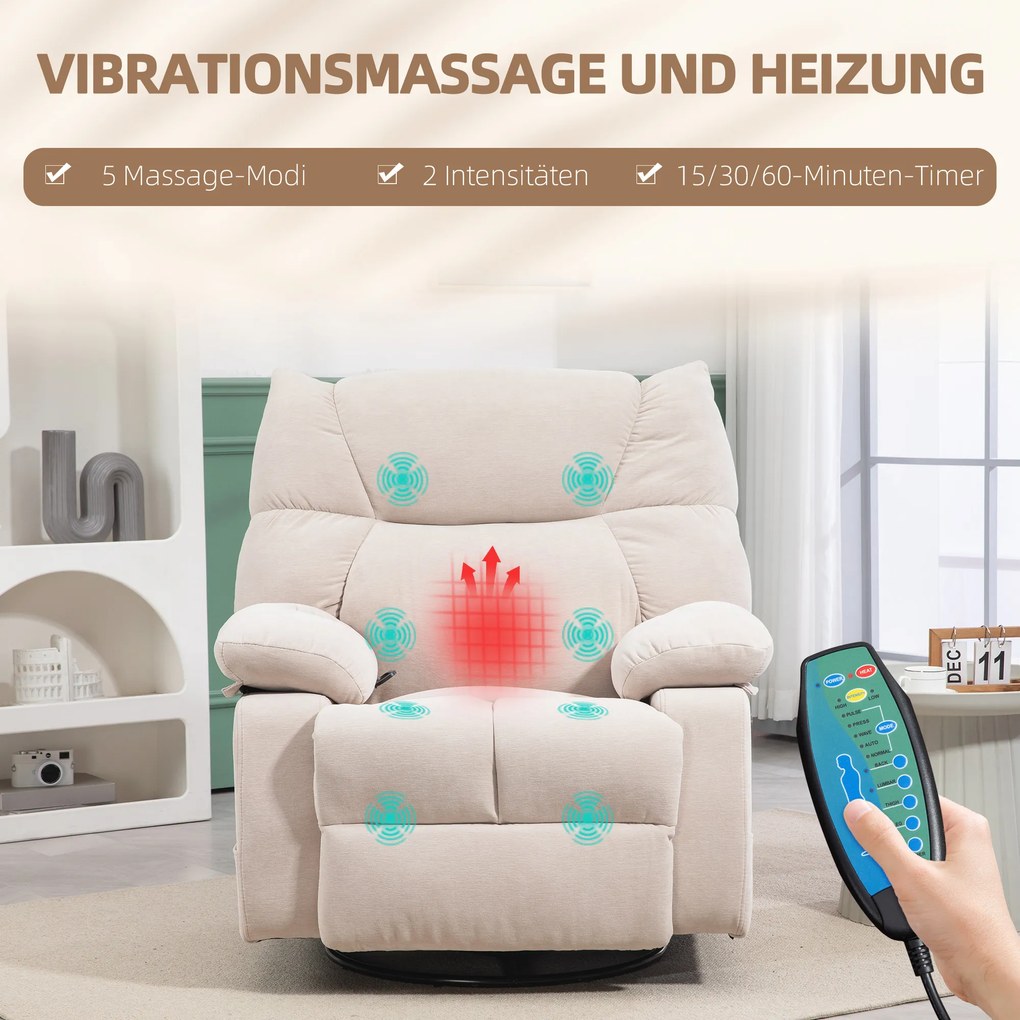 HOMCOM Relaxační křeslo s masážní funkcí, elektrické TV křeslo s vyhříváním, polohovací funkcí, otočné masážní křeslo s pružinovým systémem 700-174V9…