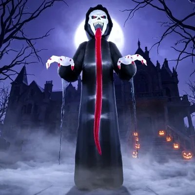Outsunny Nafukovací Halloween kostlivec, 310 cm, s integrovanými LED světly, strašidelná dekorace pro vnitřní i venkovní použití
