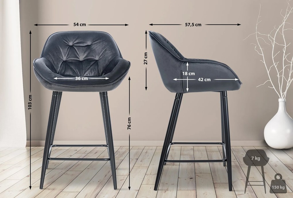 Sada 2 barových židlí Gibson 76 samet – tmavě šedá