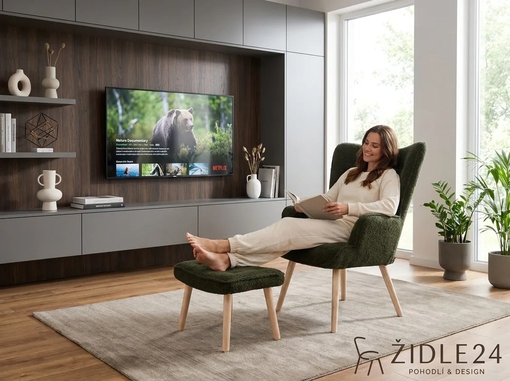 Relaxační křeslo ušák s podnožkou RENI - zelená látka bouclé