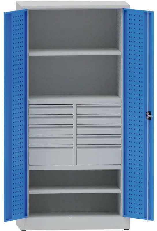 Dílenská kovová skříň na nářadí KOVONA, 2 police, 10 zásuvek, svařovaná, nosnost 50 kg, 950 x 500 x 1950 mm