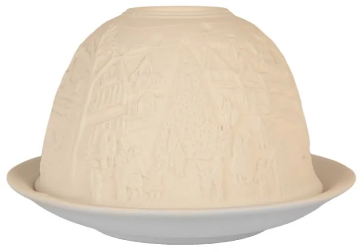 Bílý porcelánový svícen na čajovou svíčku s vánočním tradičním městečkem – 12x8 cm