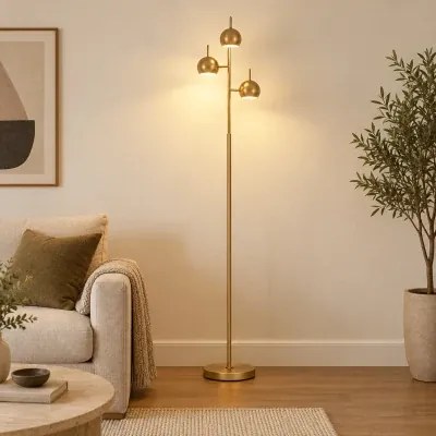 HOMCOM Stojací lampa 350° nastavitelná pro obývací pokoj a kancelář, stojací lampa se 3 stínidly z oceli, zlatá
