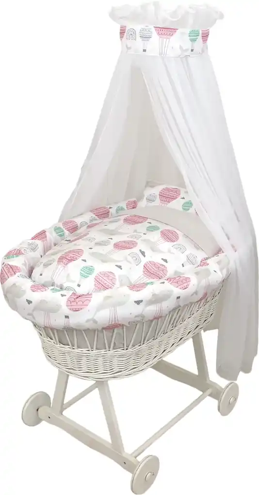 AMY Proutěný košík pro miminko s kompletním vybavením bílý - Růžové balony  | BIANO