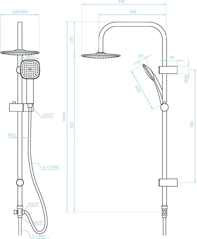 Kuchinox Ondo, sprchový sloup s dešťovou hlavicí 200x200 mm, černá, LAV-PG7_70KX