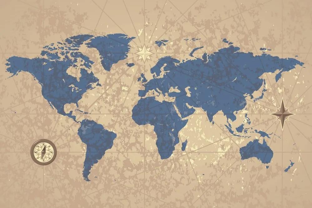 Samolepící tapeta mapa světa s kompasem v retro stylu - 300x200 cm
