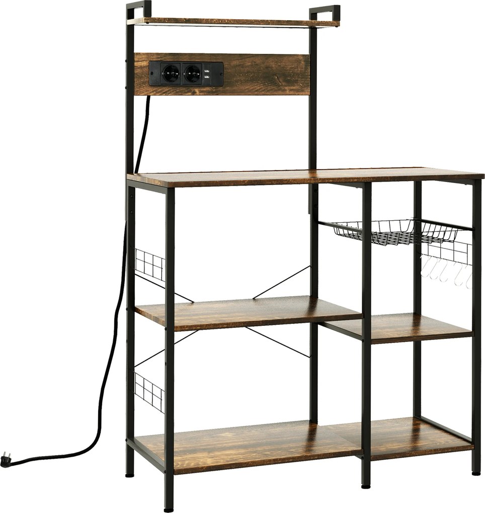 HOMCOM kuchyňský nábytek se zabudovanými zásuvkami pro mikrovlnnou troubu s policemi, industriální styl, 90 x 42 x 130 cm, hnědá