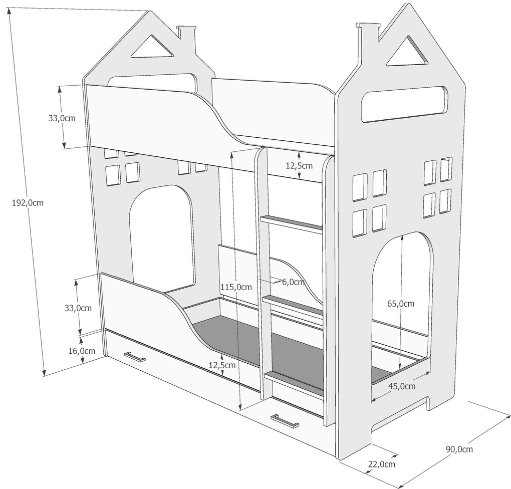 BabyBeds Dětská patrová postel DOMEK 180x80 Barevné provedení: Bílá, Úložný prostor: Ne, bez úložného prostoru