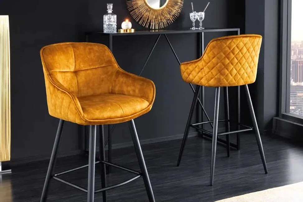 Designová barová židle s područkami Euphoria hořčicově žlutá samet