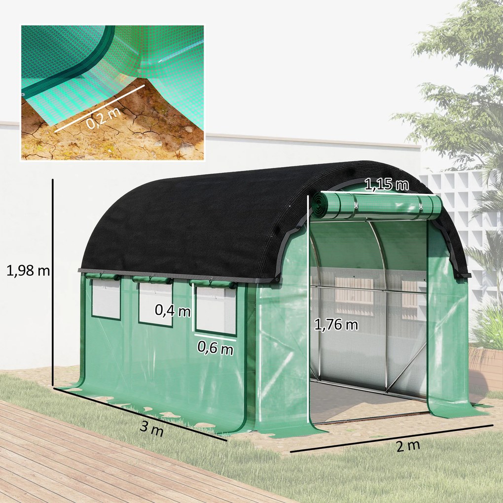 Outsunny Skleník 3 x 2 m Fóliový Skleník se 6 Okny, Rolovacími Dveřmi a Bočními Stěnami, UV-Odolný Fóliový Tunel, Zimní Skleník pro Rajčata s Ukotven…