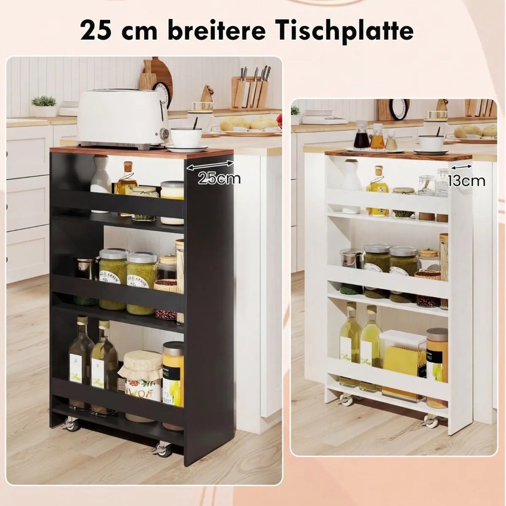Costway 25 cm Tenký kuchyňský vozík 4 Pojízdný úložný vozík na patro Černá +