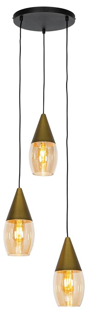 Moderní závěsná lampa zlatá s jantarovým sklem 3-light - Drop