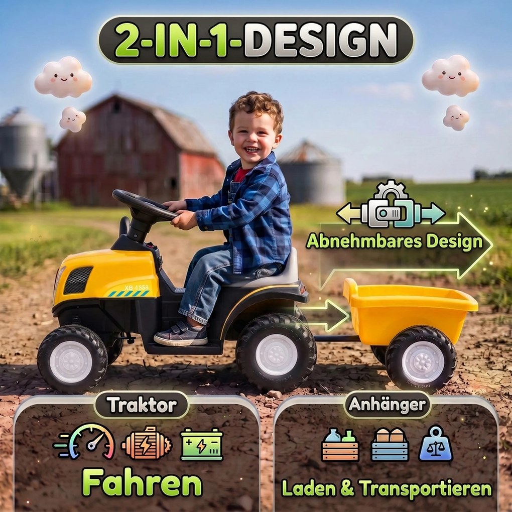 AIYAPLAY Elektrický dětský traktor s odnímatelným přívěsem, sedací traktor s lithiovou baterií, pedál na nohy, hudba, klakson, světlo, žlutá