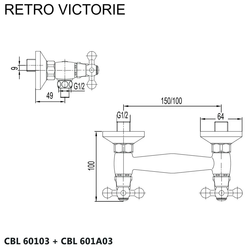 Mereo Mereo, Sprchová nástěnná baterie, Retro Viktorie, bez příslušenství, chrom, CBL60103