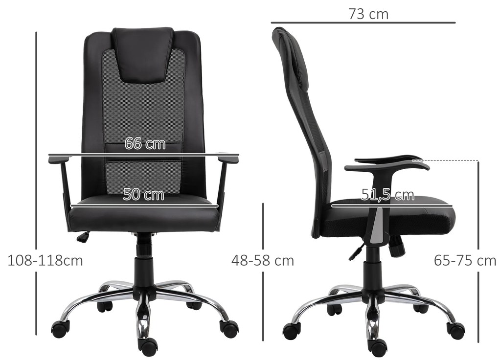 Ergonomická kancelářská židle Vinsetto s nastavitelnou výškou, funkcí houpání a područkami do 120 kg v černé barvě pro pohodlnou práci