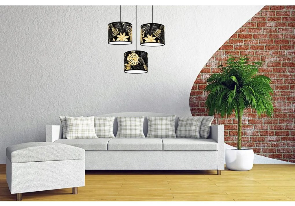 Závěsné svítidlo Gold Flowers, 3x černé textilní stínítko s květinovým vzorem,