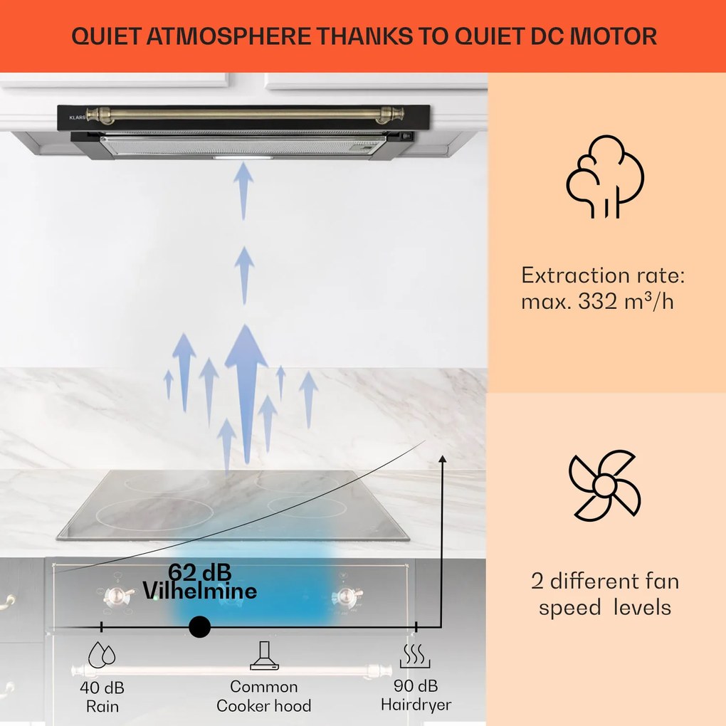 Vilhelmine 60 Retro, digestoř, 60 cm, vestavná, 332 m³/h, B, LED, černá