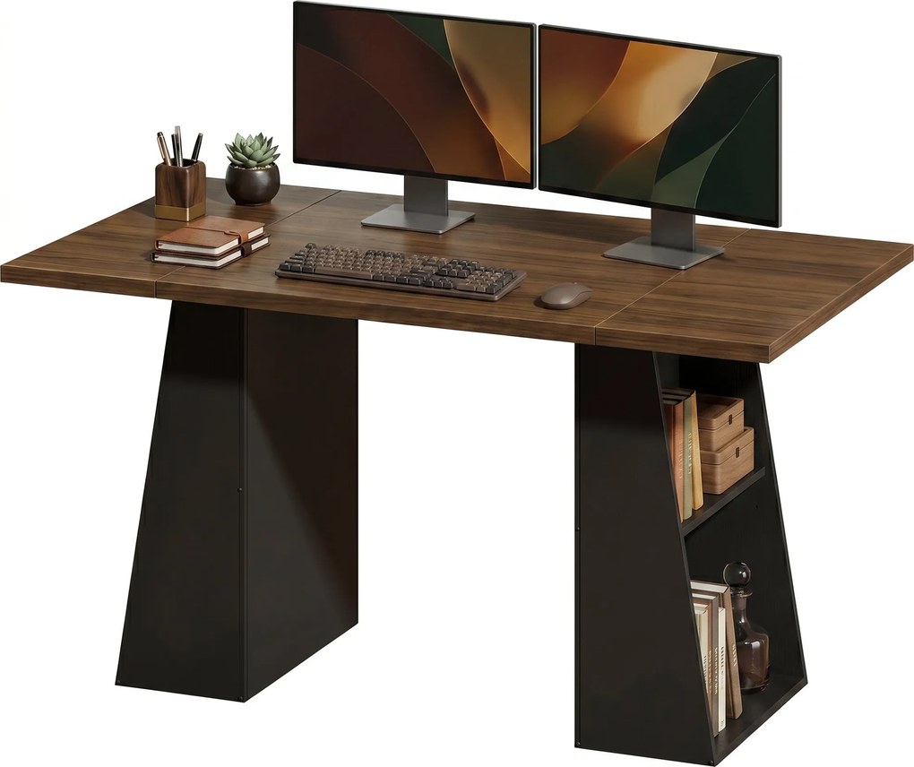 HOMCOM 55.1 in (140 cm) Computer Desk with 4 Open Shelves & Trapezoid Metal Frame — Brown Woodgrain / Black | Aosom