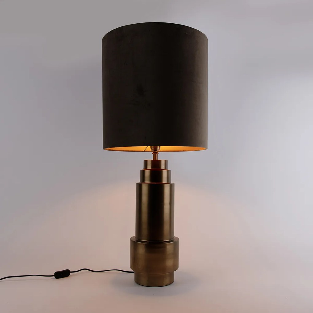 Stolní lampa bronzová s sametovým stínítkem taupe se zlatem 40 cm - Bruut