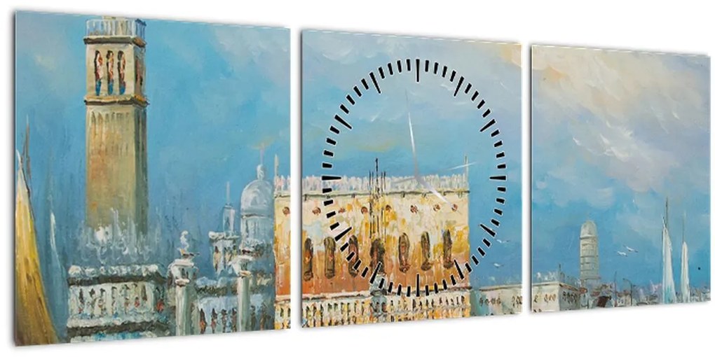 Obraz - Gondola projíždějící Benátkami, olejomalba (s hodinami) (90x30 cm)