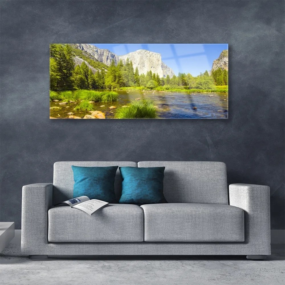 akrylový obraz jezero Hora Les Příroda 125x50 cm
