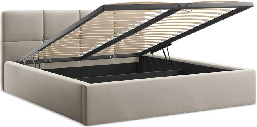 Taupe sametová čalouněná dvoulůžková postel s úložným prostorem s roštem 140x200 cm Hiko – Makamii