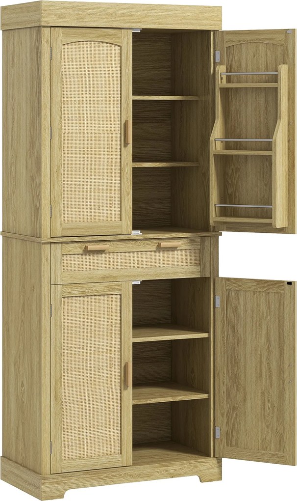 HOMCOM Vysoký Boho styl kuchyňský kredenc se 2 skříňkami a zásuvkou, kuchyňská skříňka se dřevěnými a ratanovými stojany na koření, 76x40x183cm, Dub |